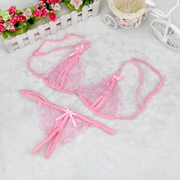 Intimates & Sleepwear | Pink Sheer Lace Triangle Bralette Panty Set Xss ...